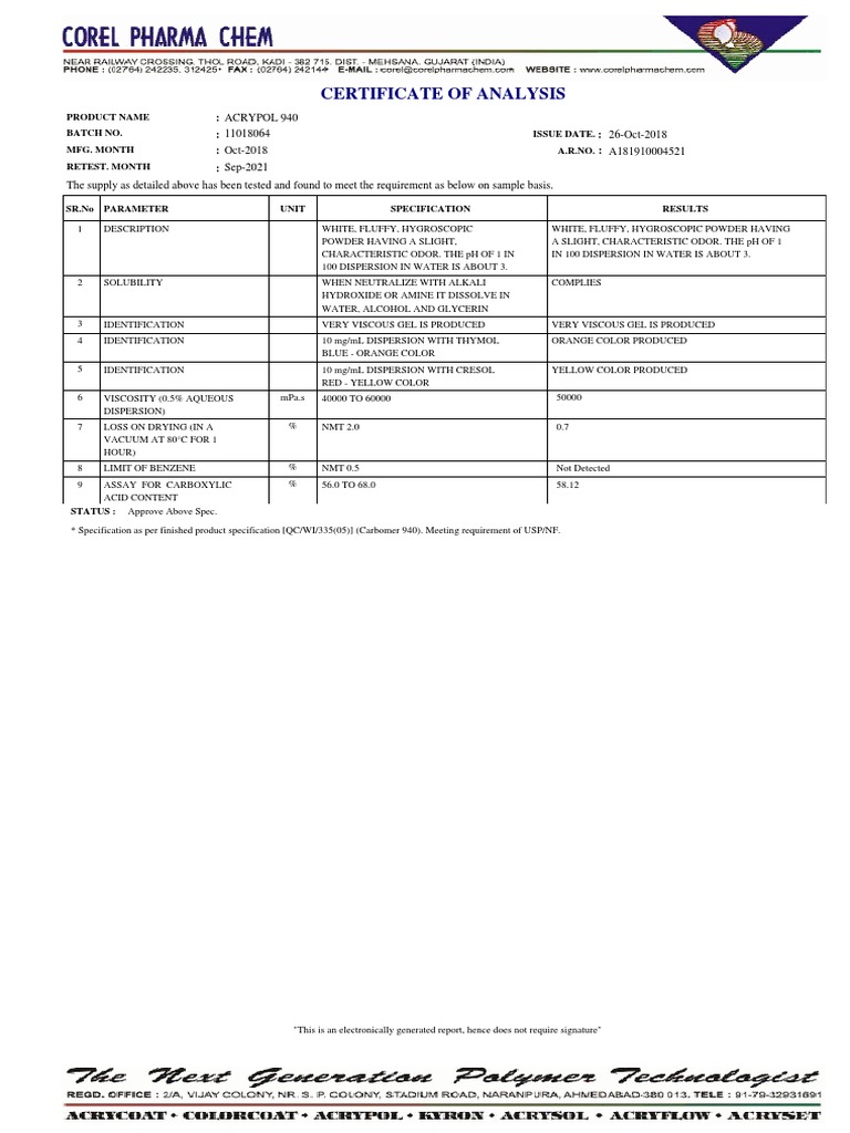 Acrypol 940 - Batch No.11018064 | PDF | Ph | Physical Chemistry
