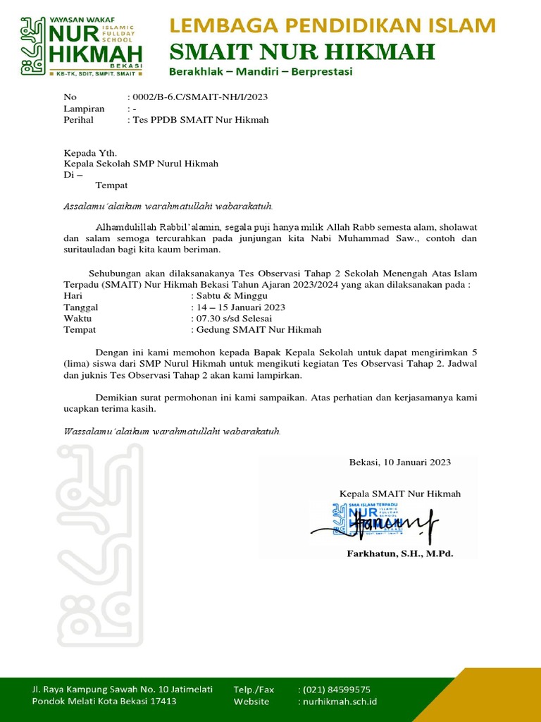 Permohonan Mengirim Siswa Nurul Hikmah | PDF