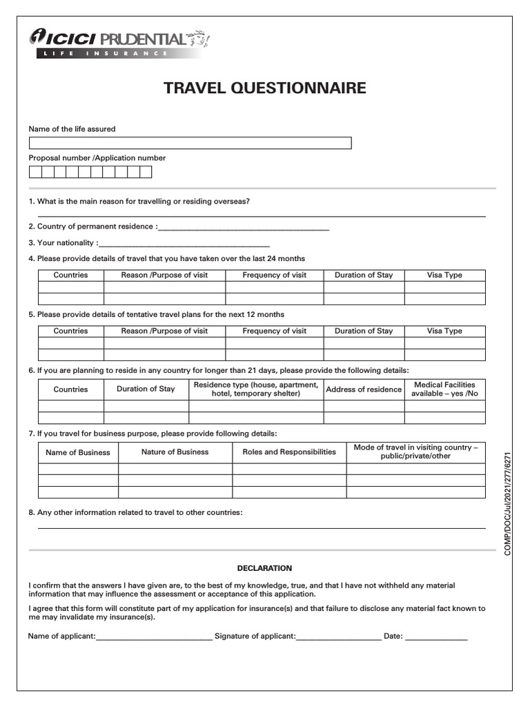 Travel Questionnaire for Overseas Trips | PDF