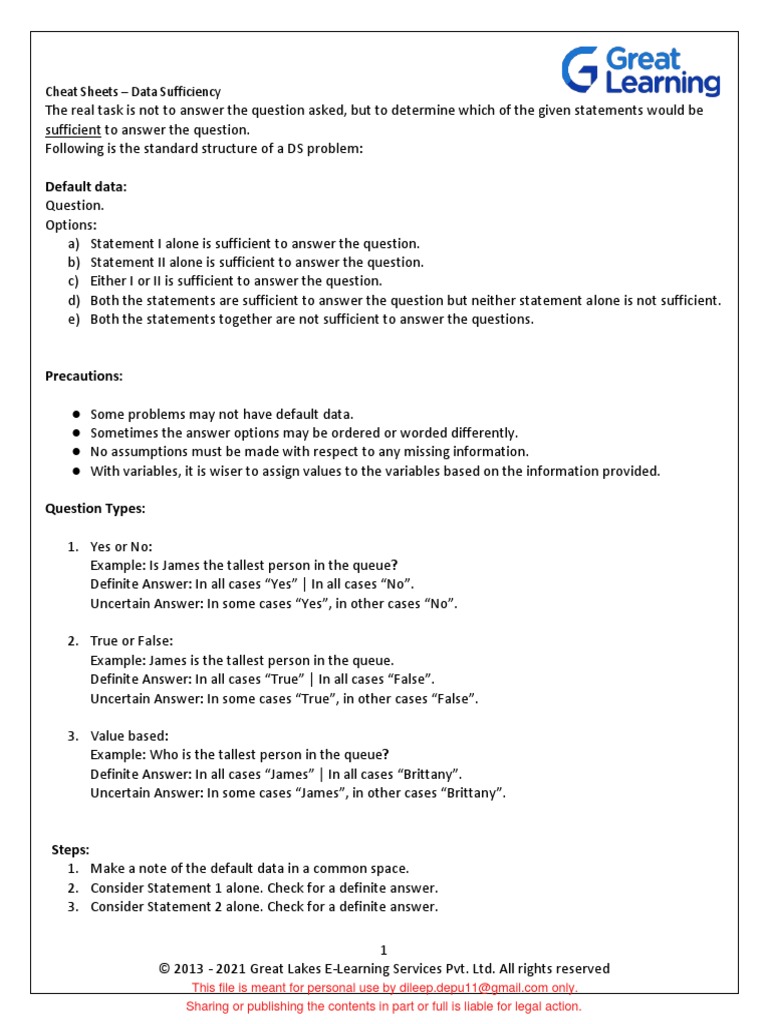 Data Sufficiency Cheat Sheet Guide | PDF | Question | Computer Programming