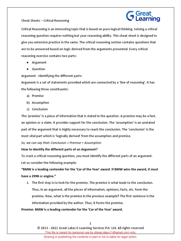 Critical Reasoning Cheat Sheet Guide | PDF | Argument | Reason
