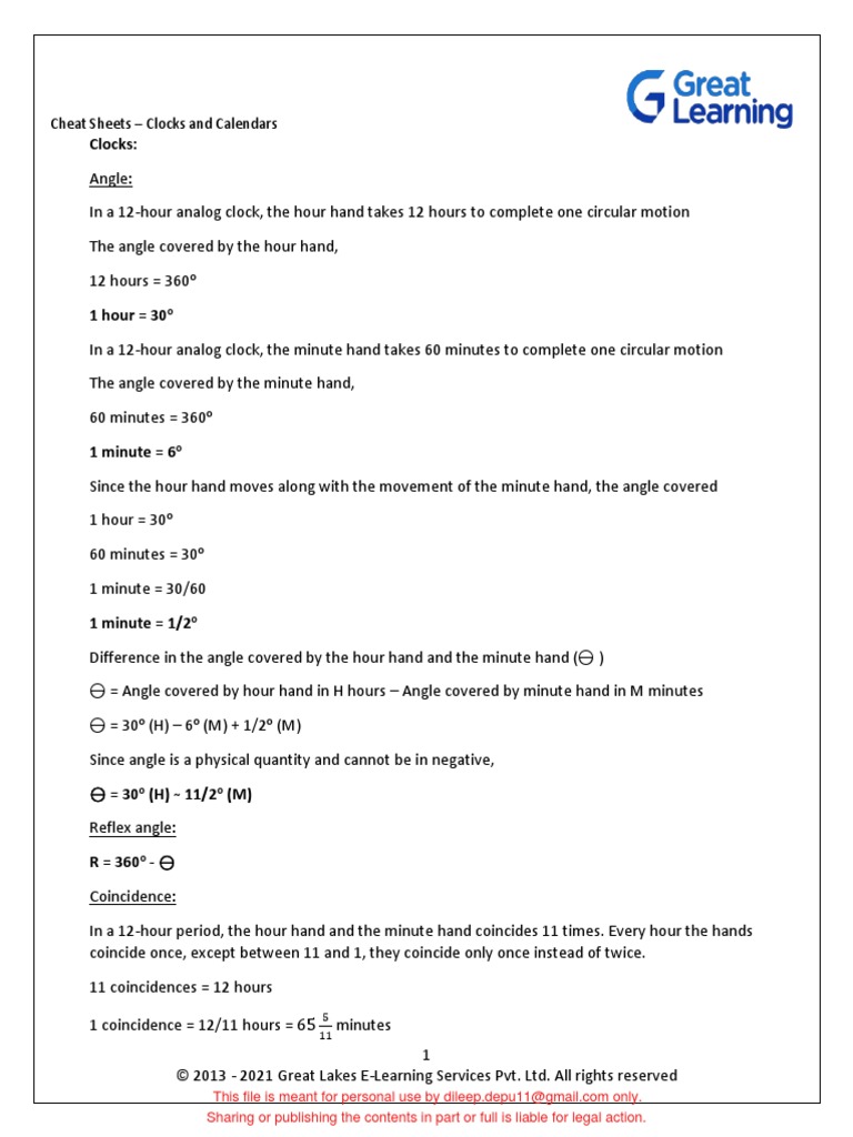 Cheat Sheets - Clocks and Calendars | PDF | Hour | Spacetime
