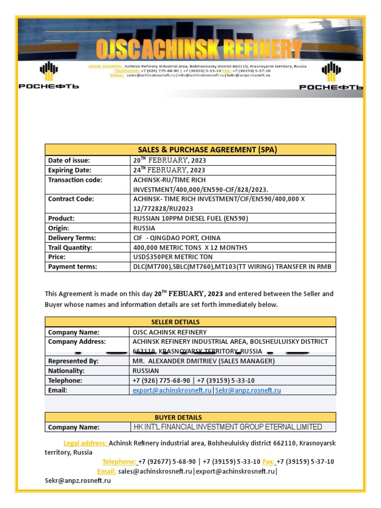 Achinsk Refinery Diesel Fuel Agreement | PDF | Arbitration | Private Law