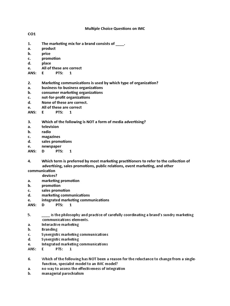 Multiple Choice Questions On IMC | PDF | Marketing Communications ...