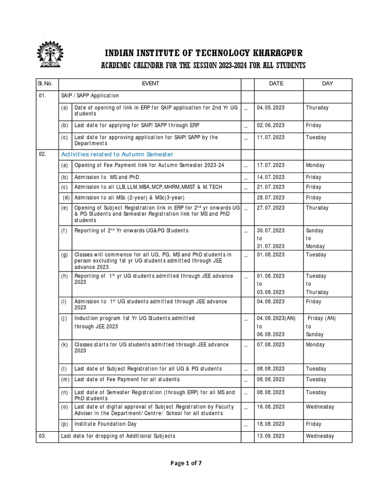 IIT Kharagpur Academic Calendar 2023-24 | PDF | Thesis | Academic Term