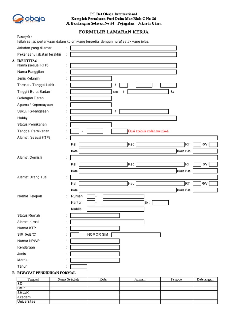 Formulir Lamaran Kerja PT Bet Obaja | PDF