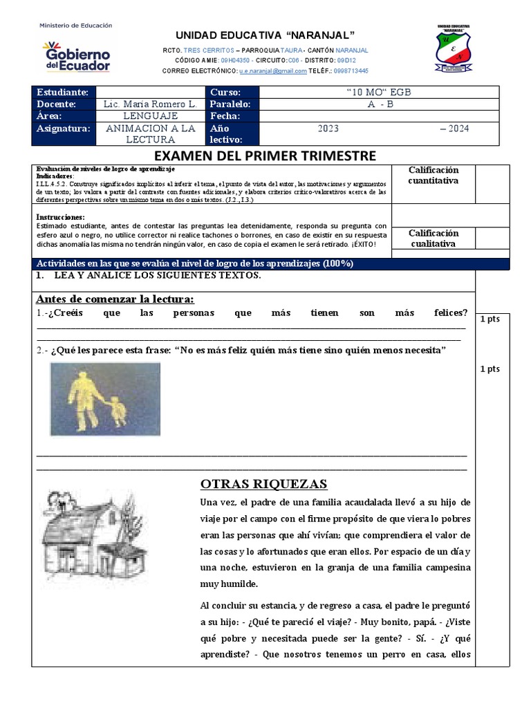 Evaluacion Trimestral 1 Animacion A La Lectura 10 A-B | PDF | Gestión del cambio | Aprendizaje