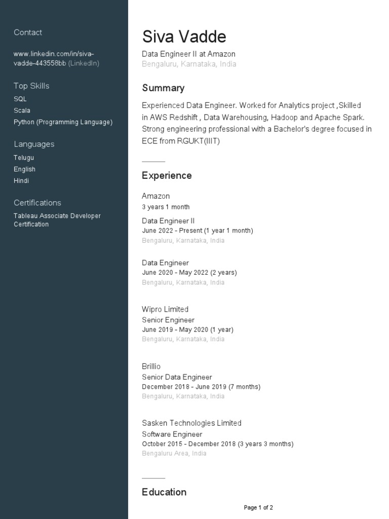 Data Engineer Profile: Siva Vadde | PDF | Business | Technology ...