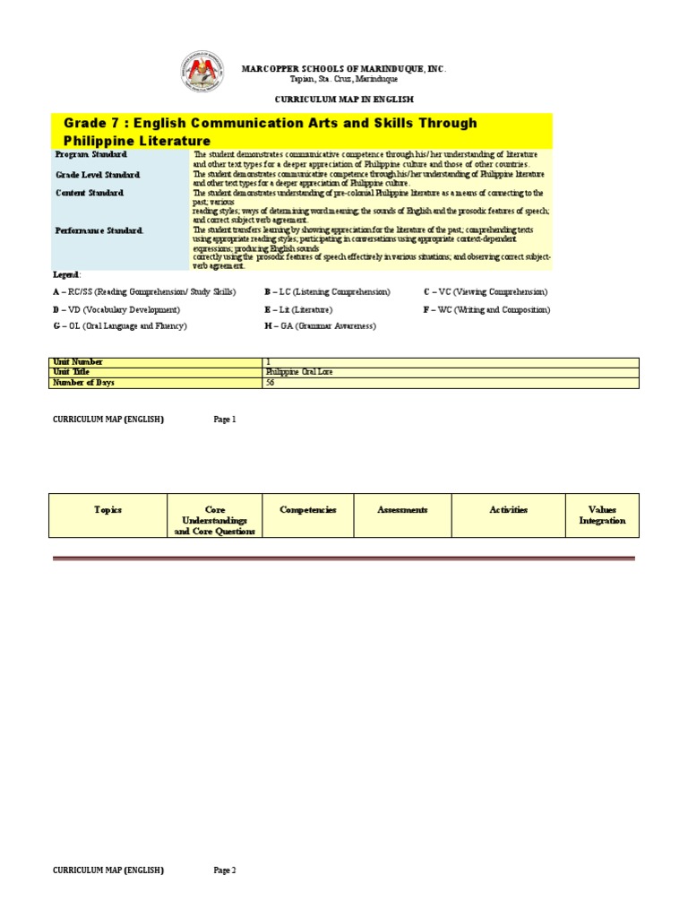 English 7 - Curriculum Map | PDF | Reading Comprehension | English Language
