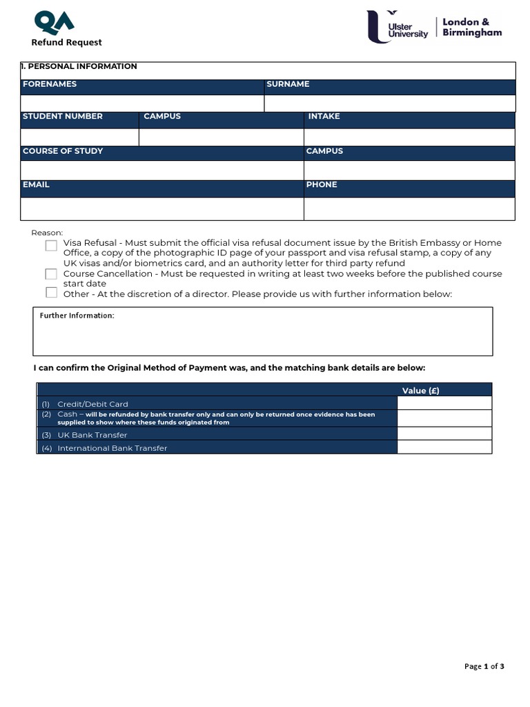 Ulster University Refund Request Form | PDF | Debit Card | Credit Card