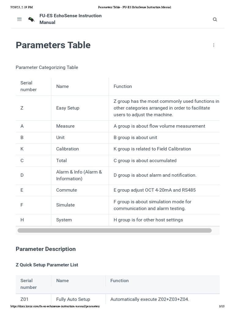 Parameters Table - FU-ES EchoSense Instruction Manual | PDF | Parameter ...