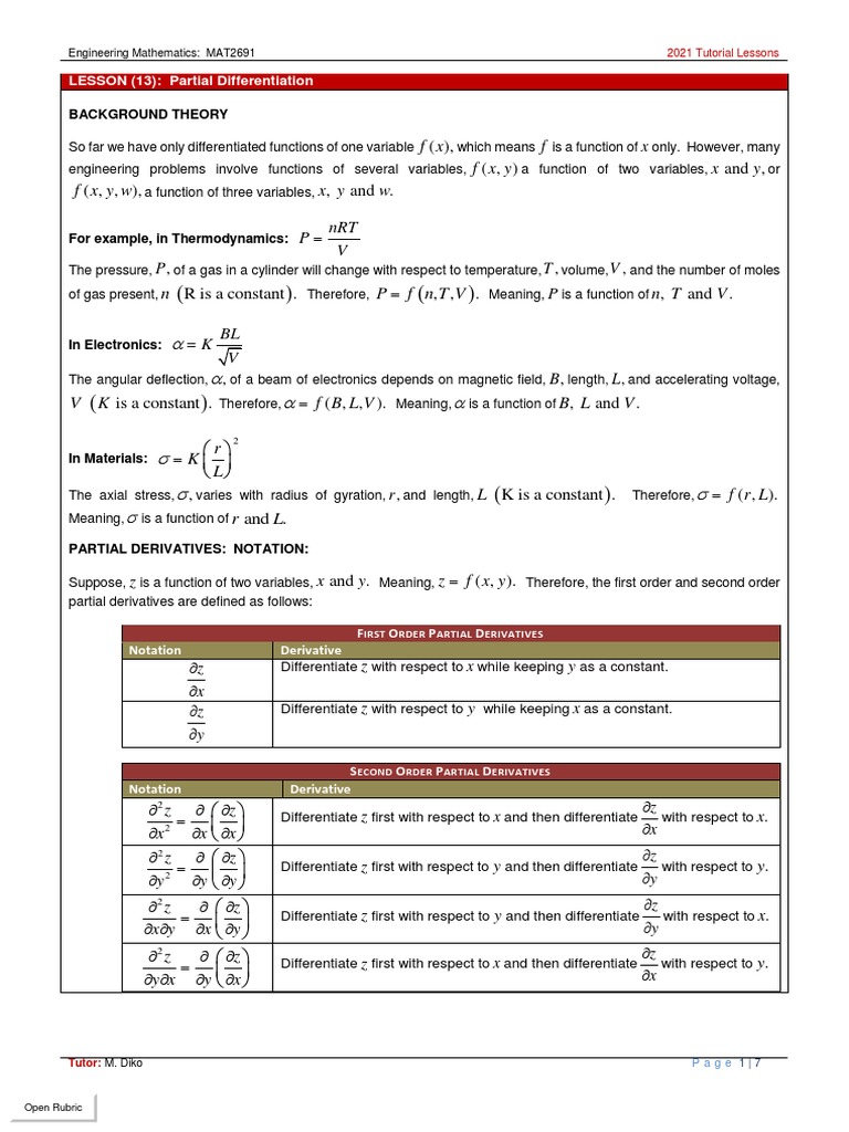 Lesson 13 Partial differentiation (1) | PDF | Derivative | Variable (Mathematics)