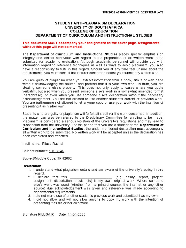 TPN2602 - Assignment 01 Template-2023 | PDF | Plagiarism | Teachers