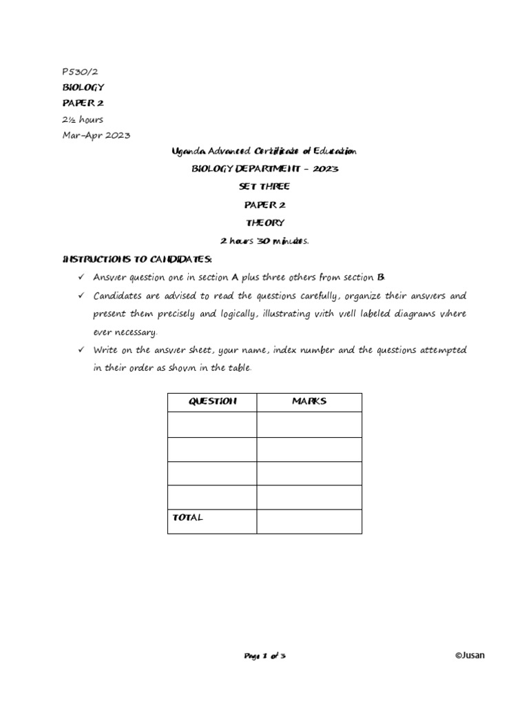 UACE BIO PAPER TWO SET 3 2023-Jusan | PDF | Cell Membrane | Red Blood Cell