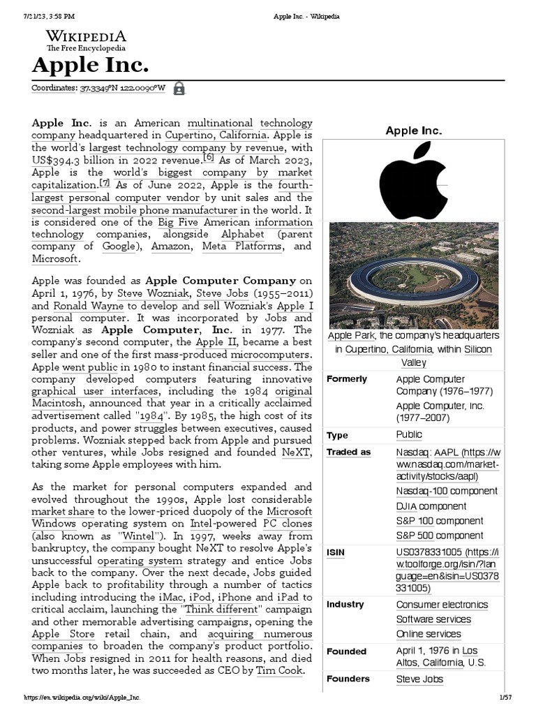 Apple Inc. - Wikipedia | PDF | Apple Inc. | Steve Jobs