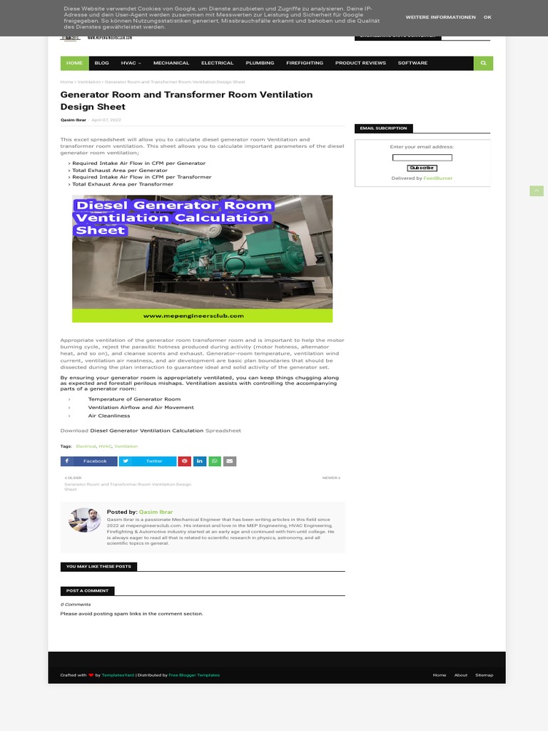 Generator Room and Transformer Room Ventilation Design Sheet | PDF ...