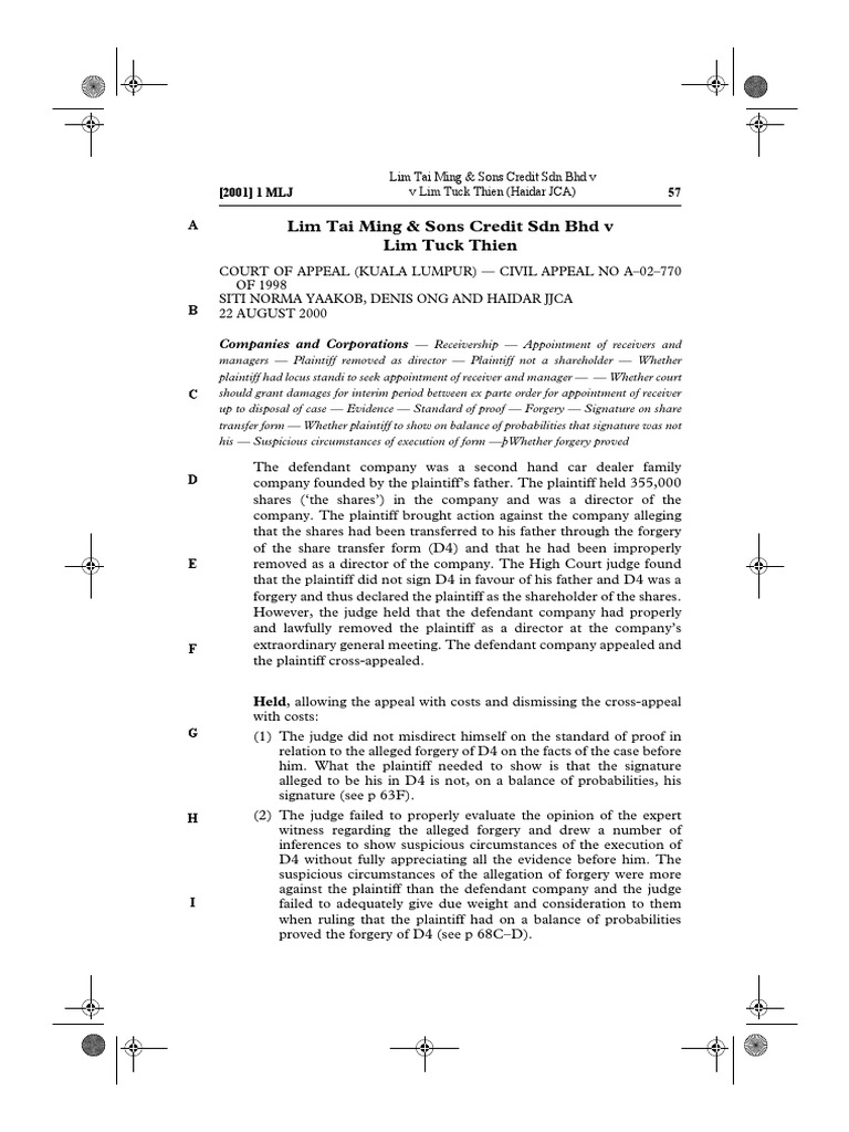 LIM TAI MING & SONS CREDIT SDN BHD V LIM TUCK THIEN | PDF | Burden Of ...