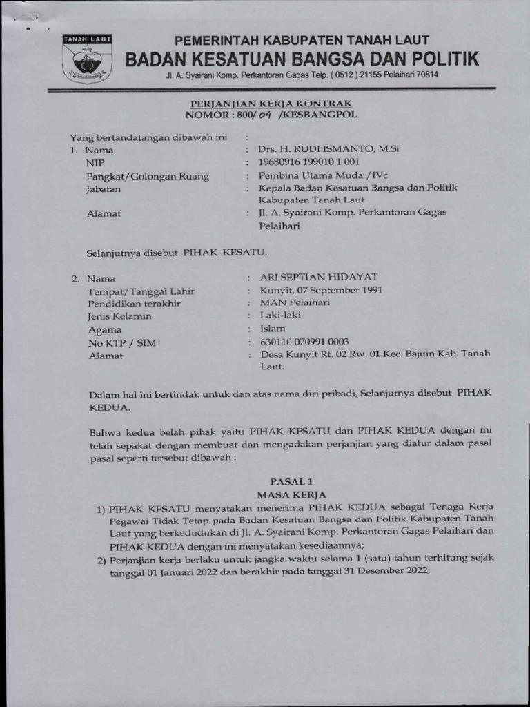 Kontrak Kerja PTT Petugas Kebersihan Dan Jaga Malam Tahun 2022 | PDF Kontrak Kerja PTT Petugas Kebersihan Dan Jaga Malam Tahun 2022 | PDF