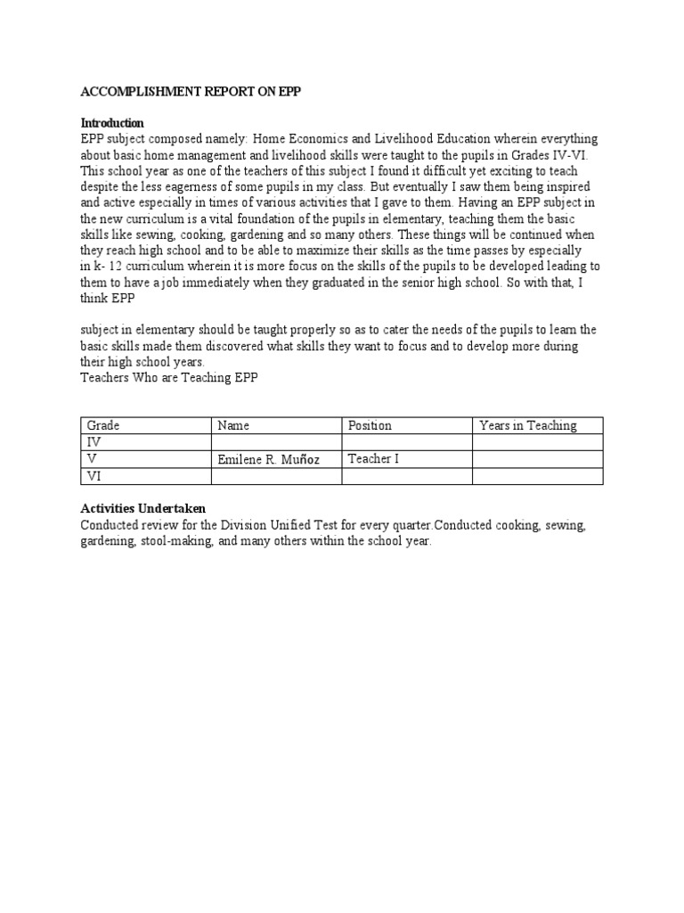 EPP Accomplishment Report: Skills Development | PDF | Language Arts ...