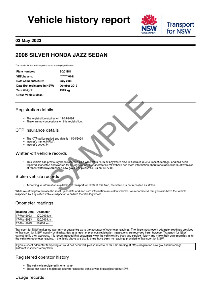Vehicle History Report Sample | PDF | Used Car | Transport