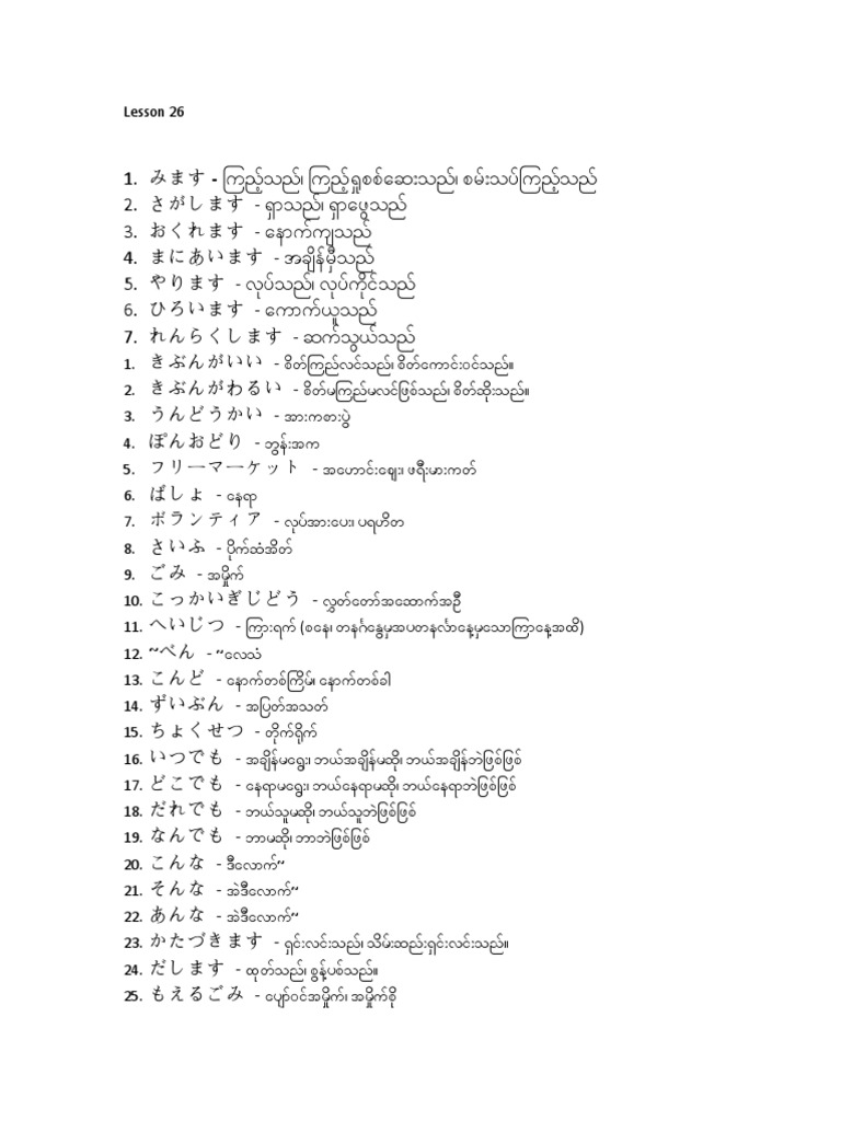 Japanese N4 Vocabs Myan & Eng | PDF