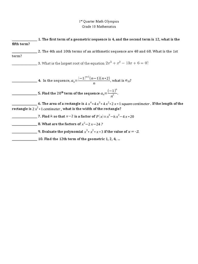 1st Quarter Math Olympics | PDF | Teaching Methods & Materials