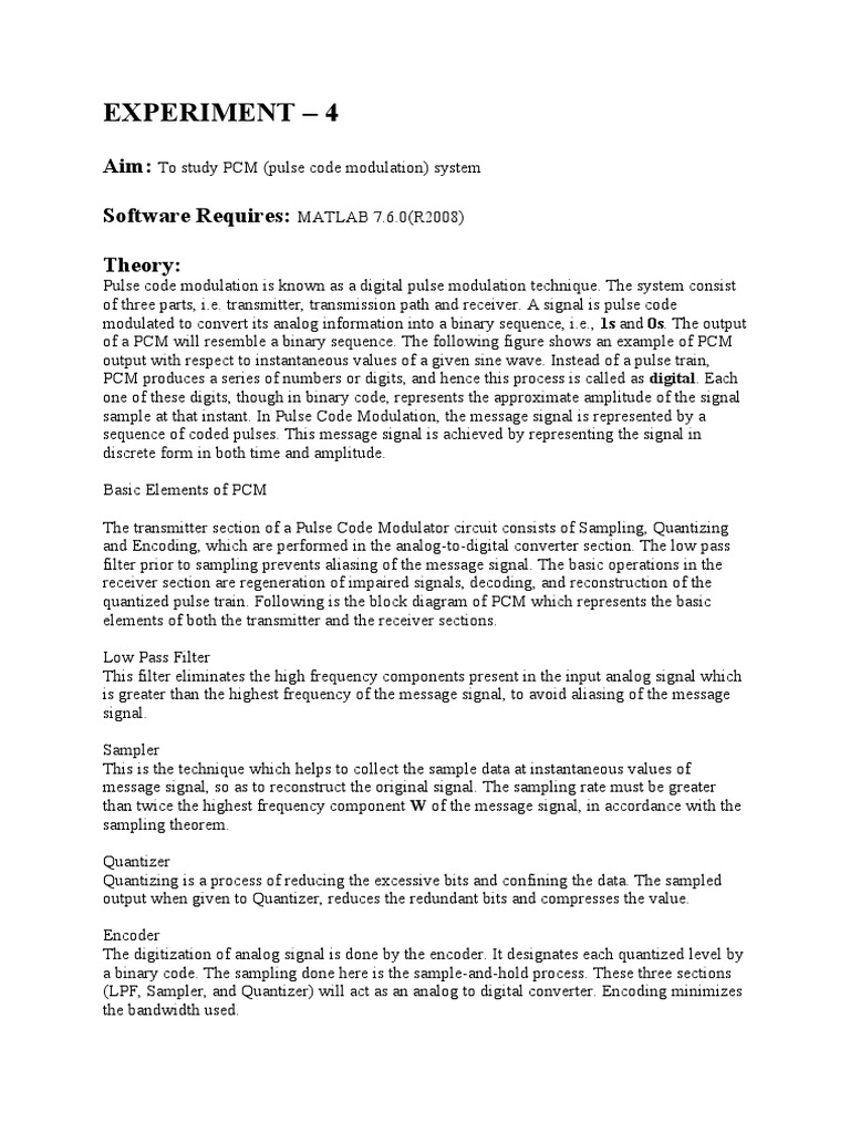 Experiment 4 PCM | PDF | Sampling (Signal Processing) | Modulation