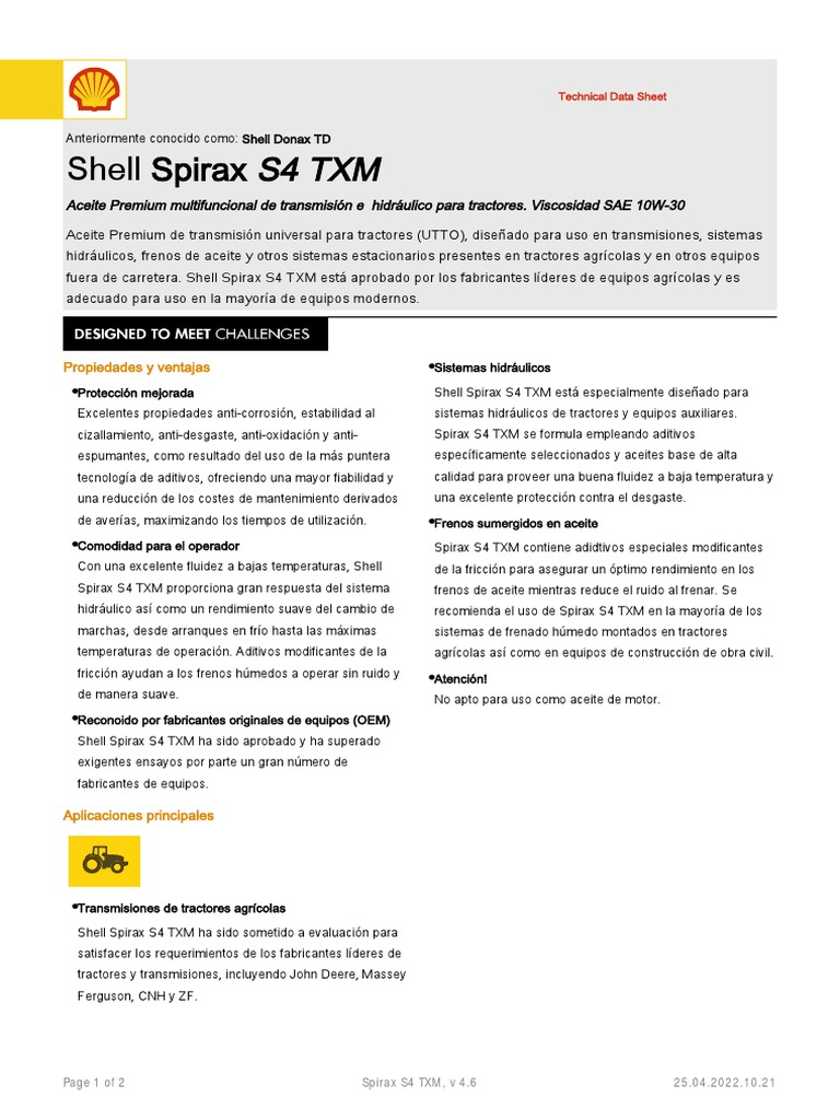 Shell Spirax S4 TXM | PDF | Aceite de motor | Tractor
