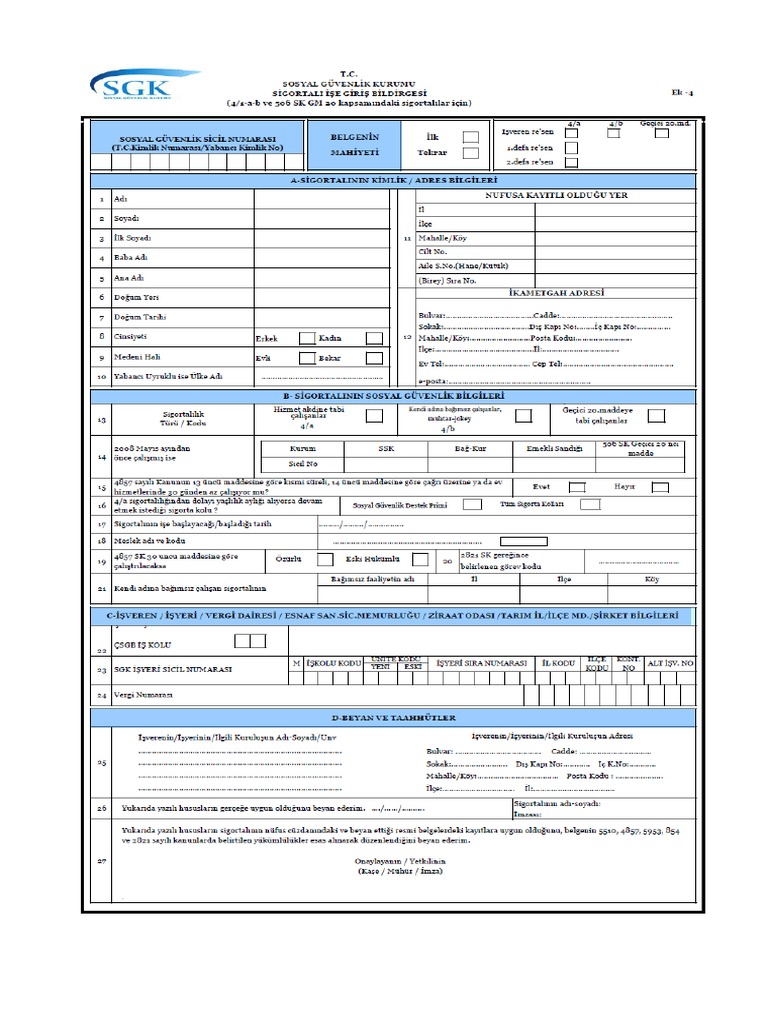 SGK Ise Giris Bildirgesipdf | PDF