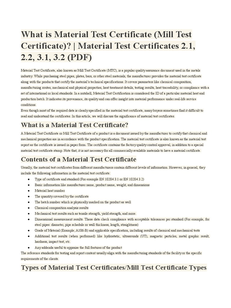 Material Test Certificates 2.1, 2.2, 3.1, 3.2 | PDF | Pipe (Fluid ...