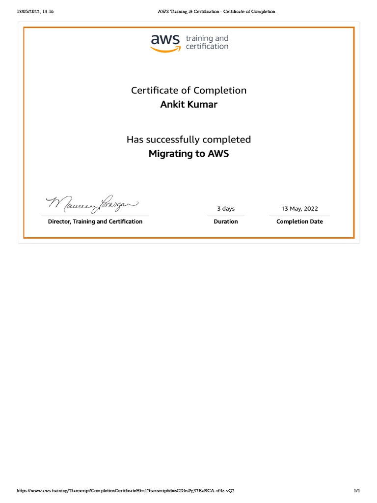 AWS Training & Certification - Certificate of Completion | PDF