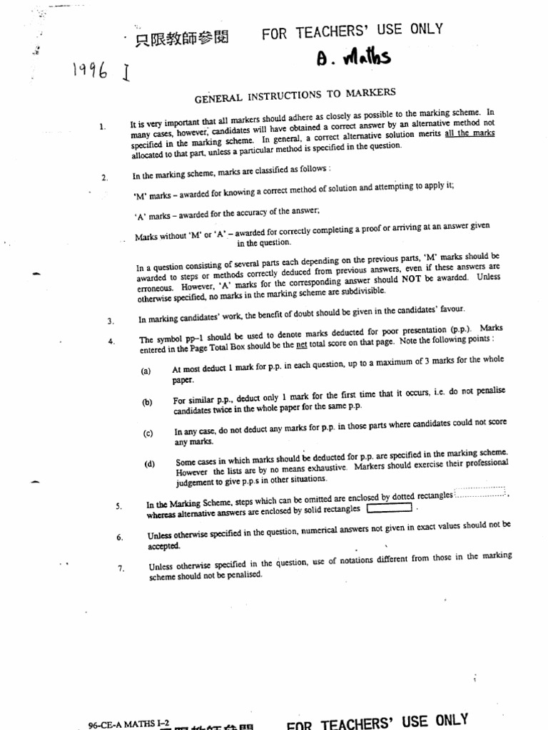 Add Maths 1996 Paper 1 Marking Scheme | PDF