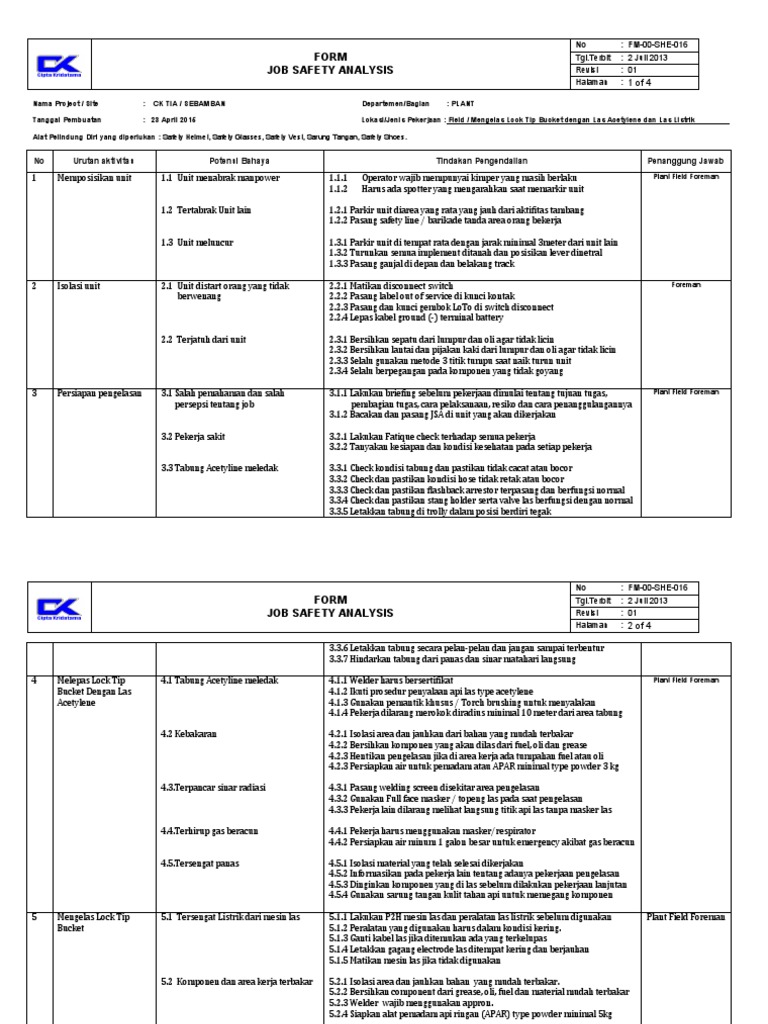 E - JSA Pengelasan Lock Tip Bucket Excavator Dengan Las Acetylene Dan Las Listrik - Master | PDF
