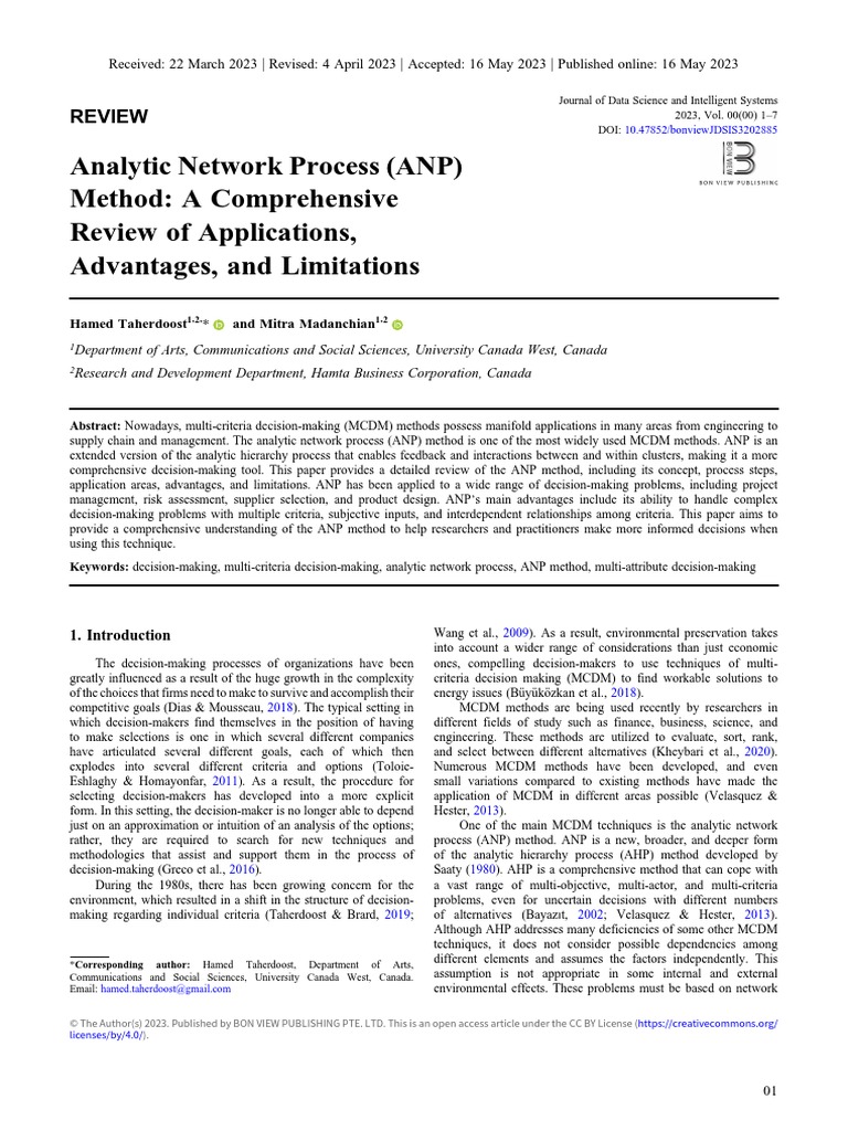 Analytic Network Process (ANP) Method: A Comprehensive Review of Applications, Advantages, and ...