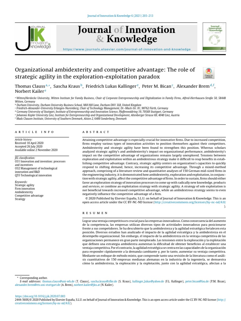 Organizational Ambidexterity and Competitive Advantage The Role of | PDF | Innovation ...