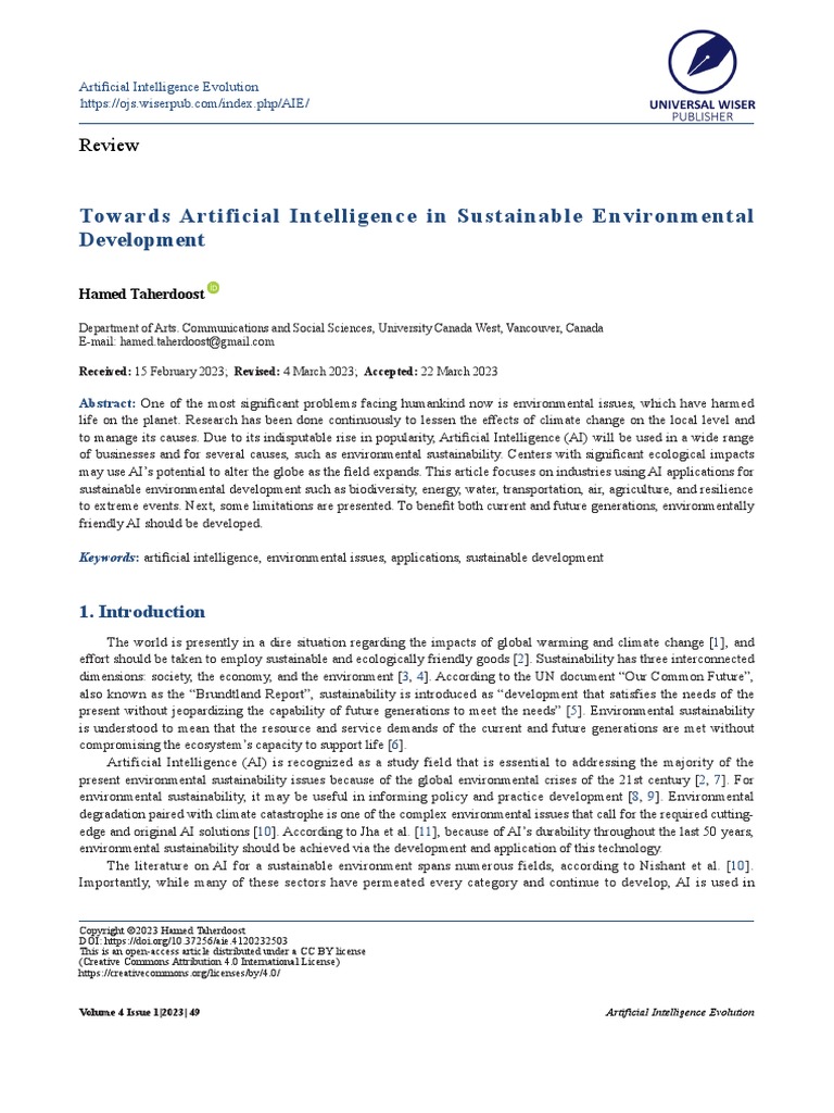 Towards Artificial Intelligence In Sustainable Environmental