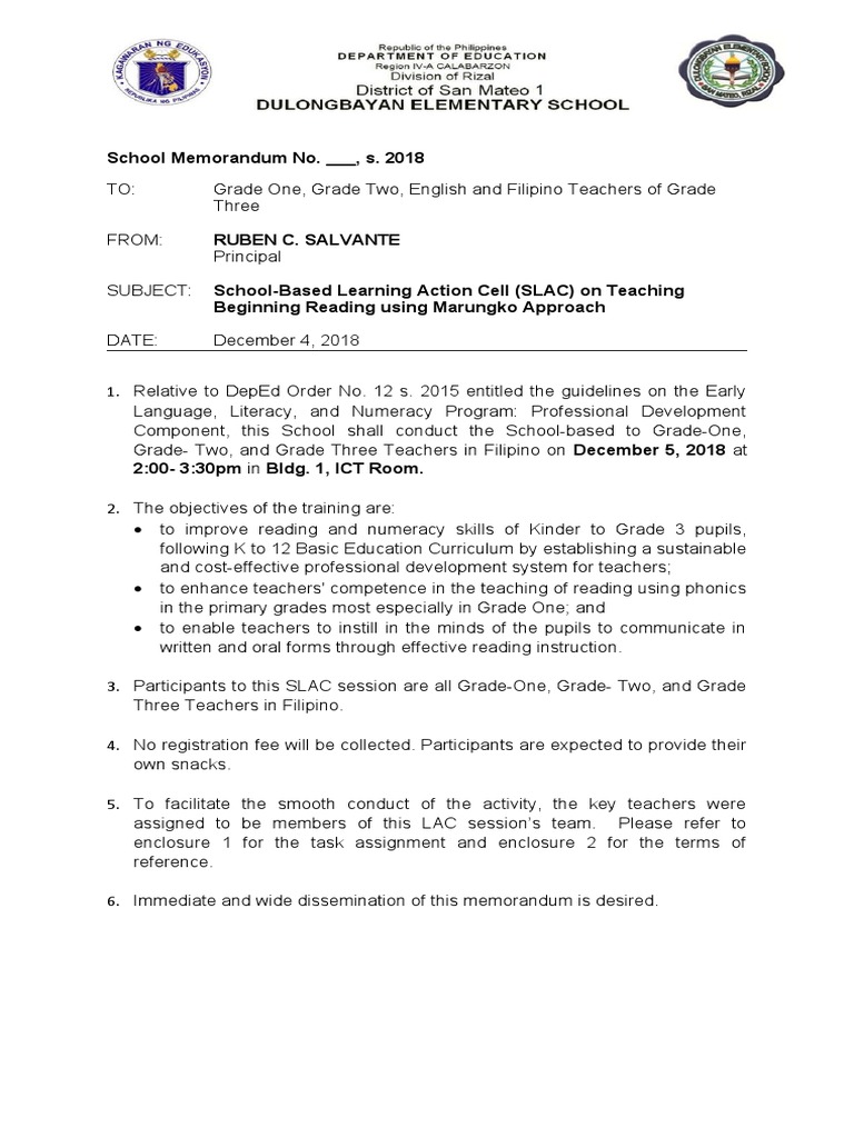 SUBJECT School Based Learning Action Cel | PDF | Teachers | Phonics