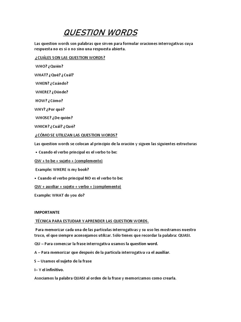 Question Words | PDF | Oración (Lingüística) | Lingüística