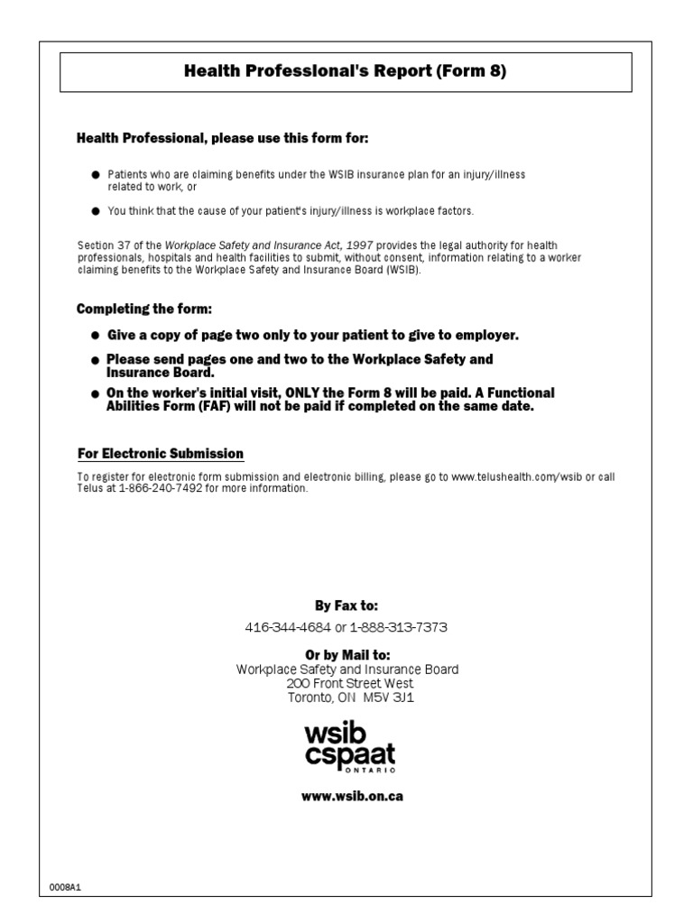WSIB Form 8: Health Professional Report | PDF | Injury | Diseases And ...