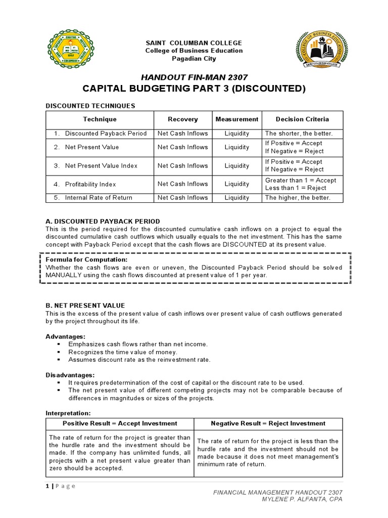 Handout Fin Man 2307 | PDF | Net Present Value | Internal Rate Of Return