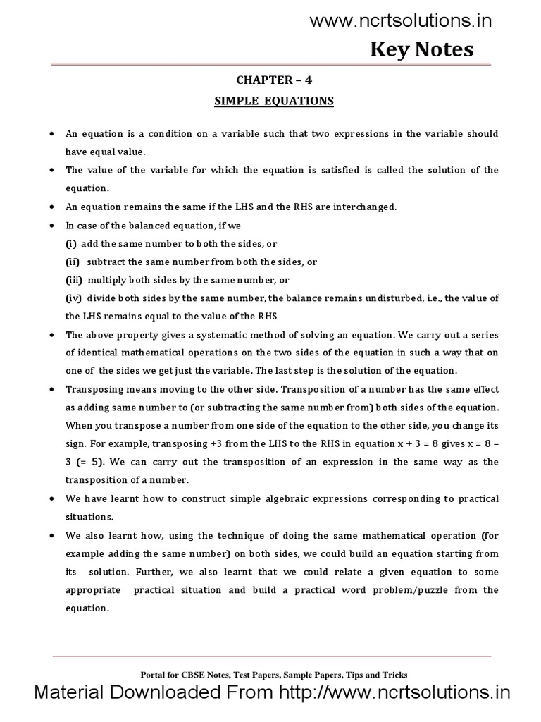 07 Maths Key Notes Ch4 Simple Equations | PDF