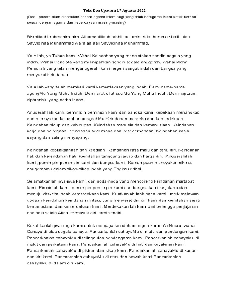 Teks Doa Upacara 17 Agustus 2022 Pdf