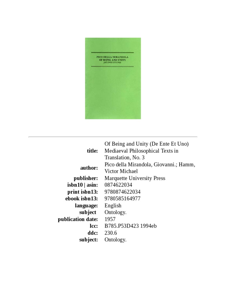 Of Being and Unity (Medieval Philosophical Texts in Translation ...