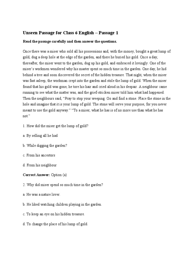 Unseen Passage For Class 6 English - Passage 1: Read The Passage Carefully and Then Answer The ...