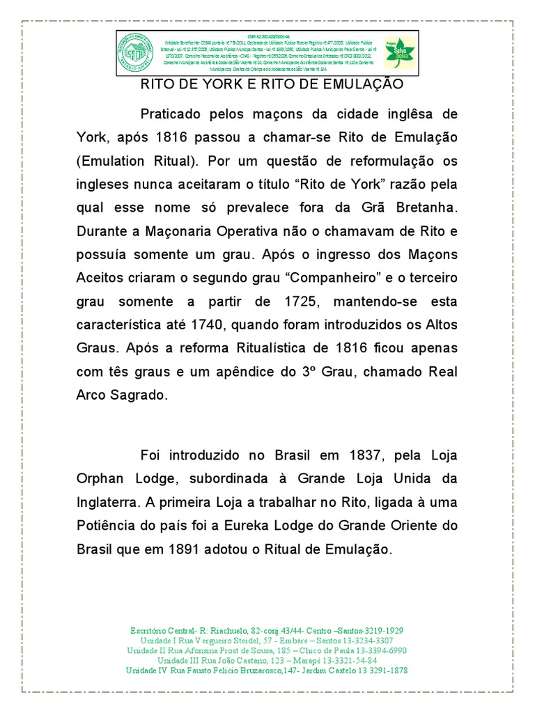 Rito York Vs Ritual Emulação | PDF | Loja Maçônica | Maçonaria