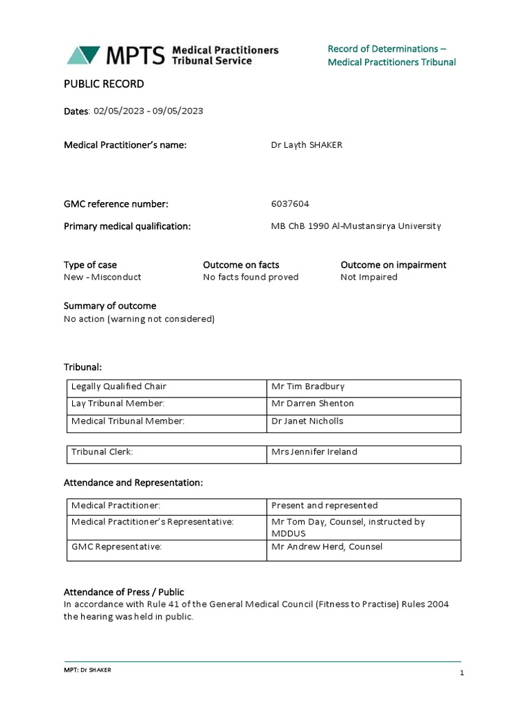 Tribunal Outcome for Dr Layth Shaker | PDF | Burden Of Proof (Law)