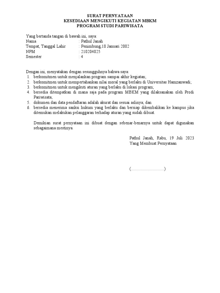 Surat Pernyataan MBKM Pariwisata | PDF