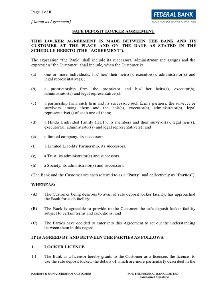 Model Safe Deposit Locker Agreement | PDF | License | Banks