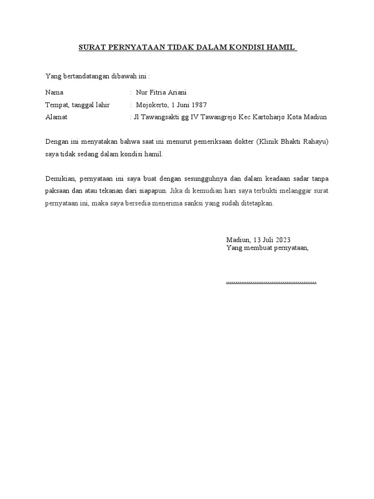 Surat Pernyataan Tidak Hamil | PDF