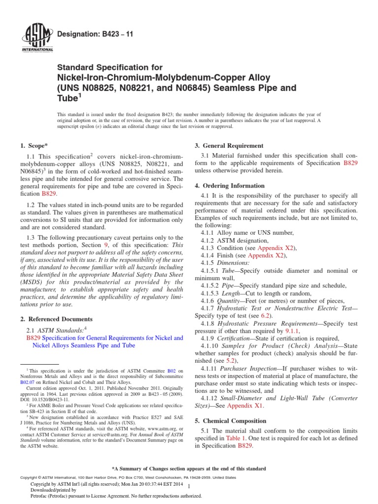ASTM B423 (2011) - Standard Specification For Nickel-Iron-Chromium-Molybdenum-Copper Alloy (UNS ...